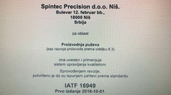 Spintec Precision iz Niša sertifikovan po IATF 16949 - Portal Kvalitet